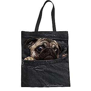 Coloranimal Large Capacity Womens Top Handle Bag Funny Black Denim Animal Pug Dog Printed Linen Tote Purse Portable Pouch