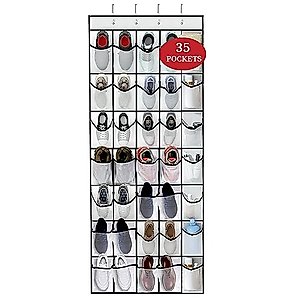 VEEBELL 35 Pocket Over The Door Shoe Organizer, Door Hanging Storage Shoe Holder Rack for Large Capacity Shoe Organizer for Men and Women Kids Closet Bedroom Bathroom (White)