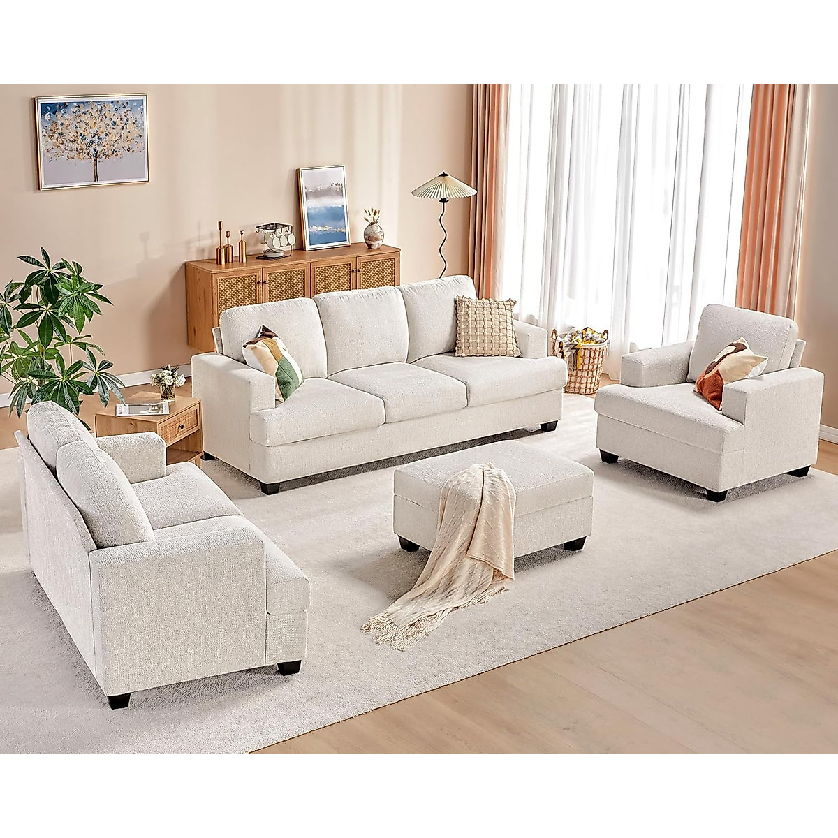 papababe Sofa, 3 Seater Modern Couches with Extra Deep Seats, 89 Inch Wide Comfy Couches for Living Room (Chenille, Beige)