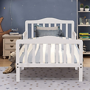 Costzon Toddler Bed, Classic Wood Kids Bed Frame w/Double Safety Guardrail, Low to Floor Design, Wooden Slat Support, Fits Full Size Crib Mattress, Bedroom Furniture for Boys & Girls (White)