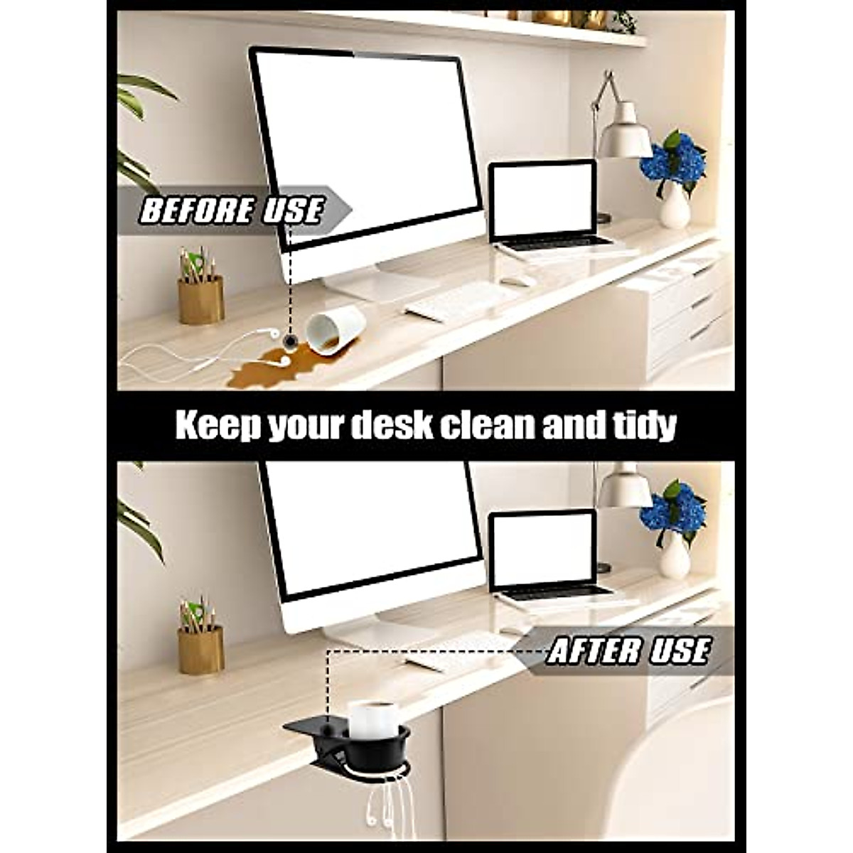 2PCS Drinking Cup Holder Clip, Kalolary Desk Bottle Cup Stand DIY Glass Clamp Storage Saucer Clip Water Coffee Mug Holder Saucer Clip Design for Home & Office, Black