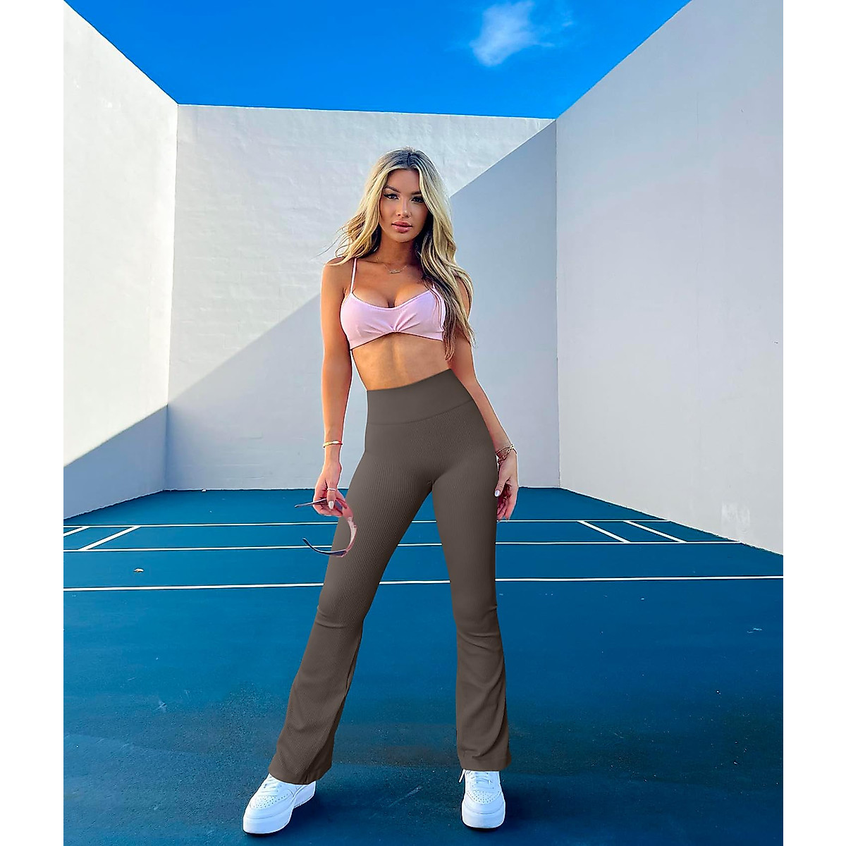 OQQ Women's 2 Piece Yoga Pants Ribbed Seamless Workout High Waist Bell Bottoms Flare Leggings Black Tea Leaf