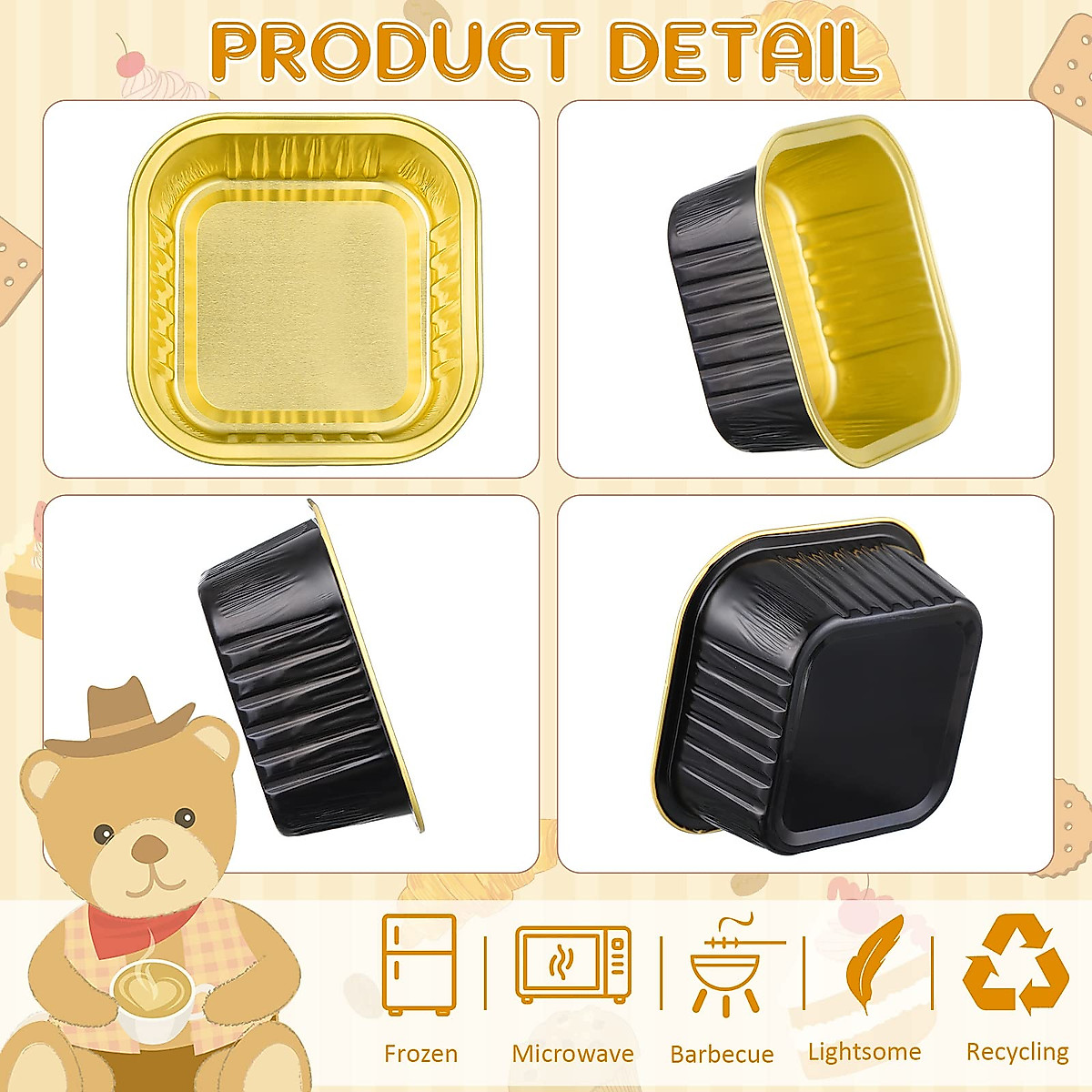 100 Pcs Cupcake Liners with Lids,5 oz Disposable Square Cupcake Pans with Plastic Aluminum Foil Mini Cake Pans for Dessert Bread for Party Wedding Birthday Kitchen (Silver,5 oz) (Black Gold,5 oz)