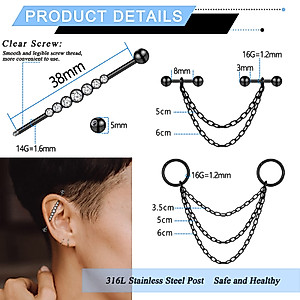 Longbeauty 14G Industrial Barbell Earrings with Chain Surgical Steel Dangle Industrial Bar Piercing Jewelry Cartilage Helix Industrial Earrings for Women Men