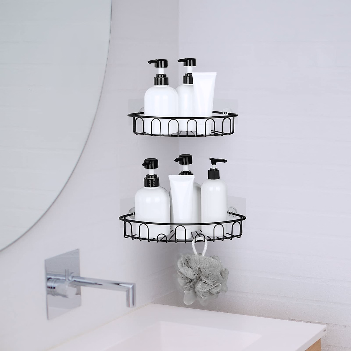 COSYLAND Corner Shower Shelf Set of 2, Stainless Steel 304, Shower Basket without Drilling, for Bathroom/Kitchen/Bedroom, with Self-Adhesive Mat, 4 Pieces and 2 Hooks, Black