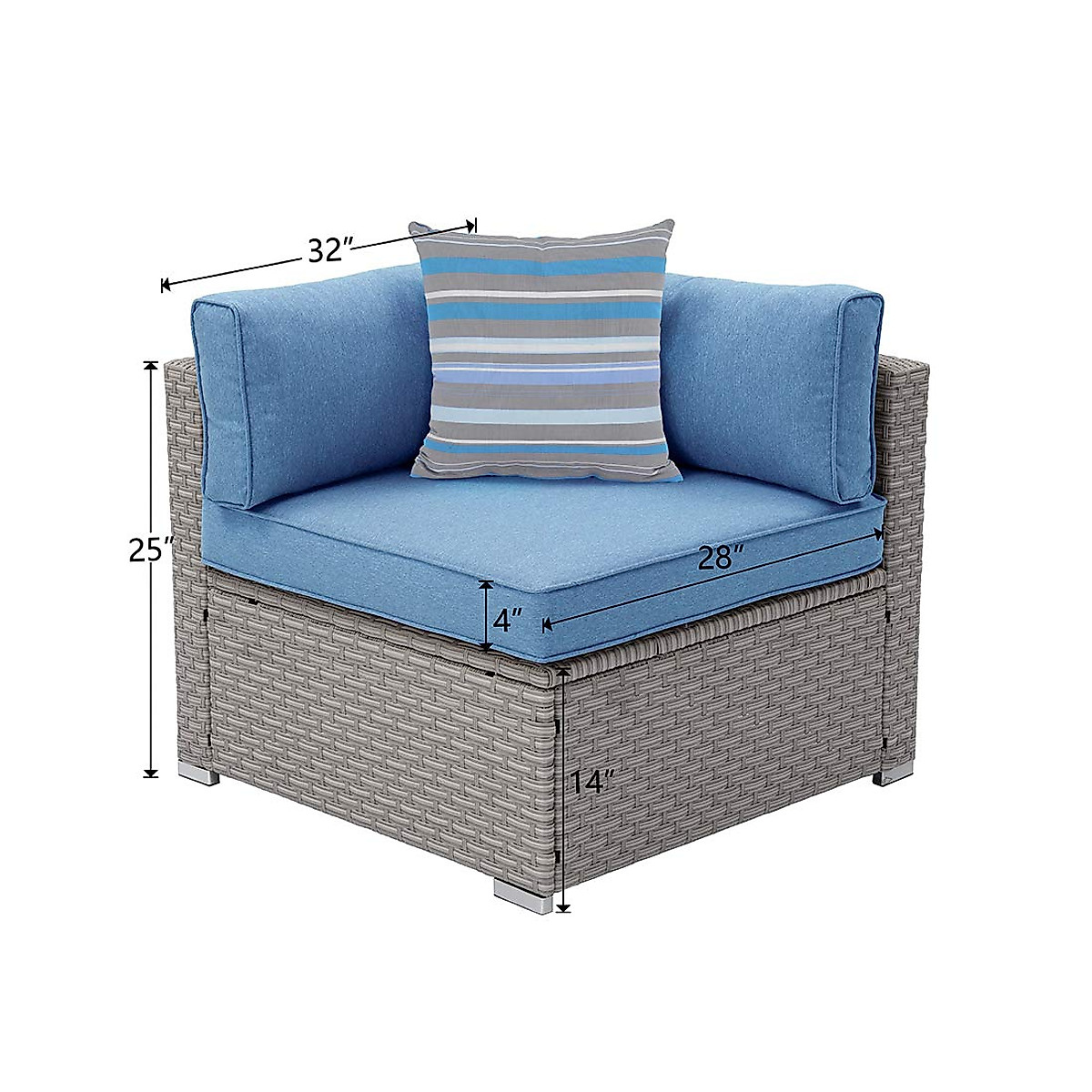 COSIEST Outdoor Furniture Add-on Right Corner Chair for Expanding Wicker Sectional Sofa Set w Denim Blue Thick Cushions, 1 Stripe Woven Pillow for Garden, Pool, Backyard