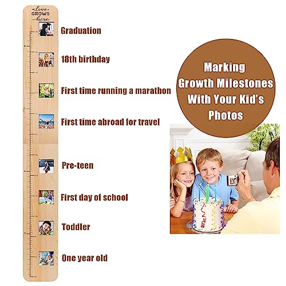 Solid Wood Growth Chart for Kids with Picture Frames, Height Measurement Ruler Milestone Markers, Foldable Kids Height Wall Chart, Birthday Keepsake Gift for Toddlers Boys Girls Room Wall Decor