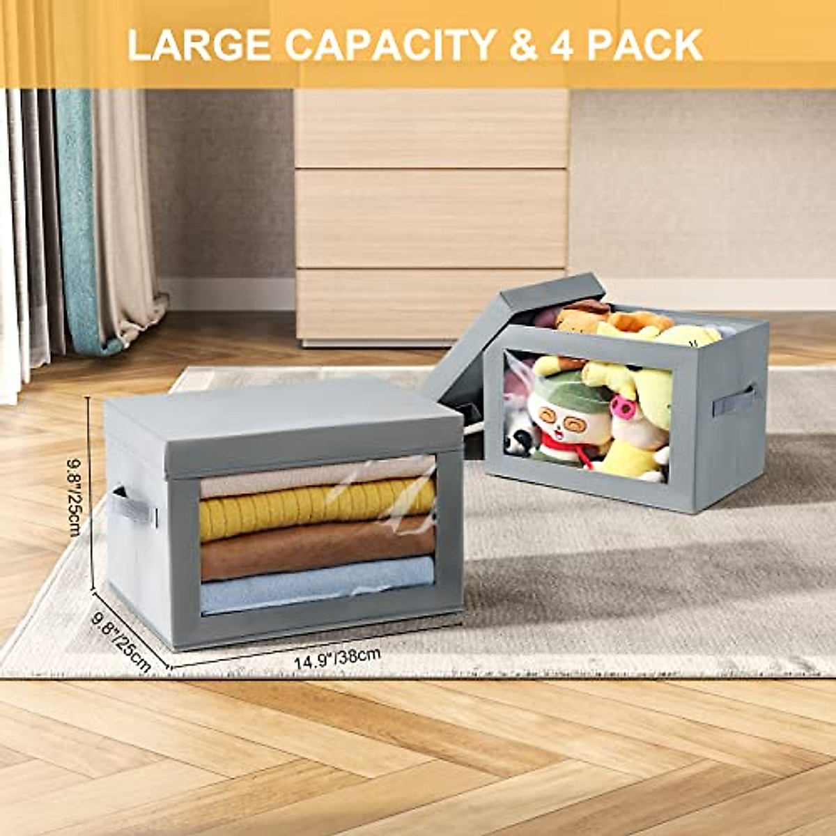 DIMJ Storage Bins with Lids, Foldable Sorage Bin for Closet, Storage Baskets with Window, Fabric Storage Bins with Handle for Clothes, Books, Baby items (Grey, Set of 4)