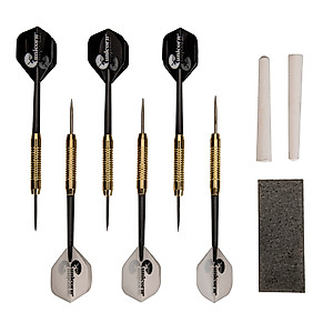 Unicorn LED Bristle Dartboard Cabinet Set - LED Tournament-Style Lighting - Official Size Dartboard - Woodgrain Finish Cabinet with Chalk Scoreboards - Includes Six Steel Tip Darts, Brown