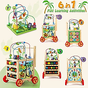 Baby Walker Toys for 1 Year Old Boy Girl Montessori Toys for 1 2 3 Year Old 6 in 1 Baby Activity and Activity Center Wooden Toys Walker with Wheels Activity Cube Table Infant Baby Toys 12-18 Months