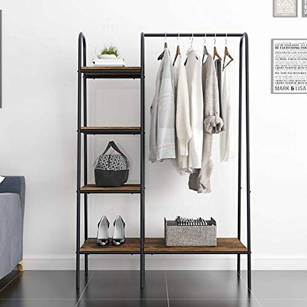 DlandHome Free-Standing Garment Clothing Racks, Home Metal Clothing Rack with 4-Tier Storage Shelves and Hanging Rod Closet Storage Organizer Clothing Rack for Bedroom Living Room Entryway