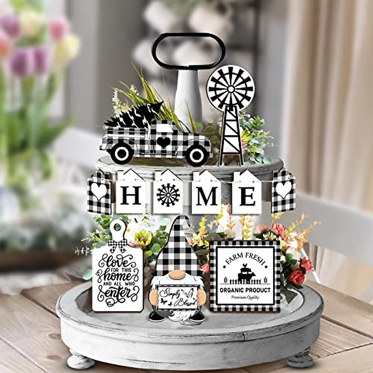 10 Pieces Farmhouse Tiered Tray Decor Farmhouse Home Decor, Rustic Tiered Tray Signs, House Shaped Table Decor, Buffalo Plaid Wooden Farm Fresh Sign for Country Farmhouse Home Kitchen Shelf Decor