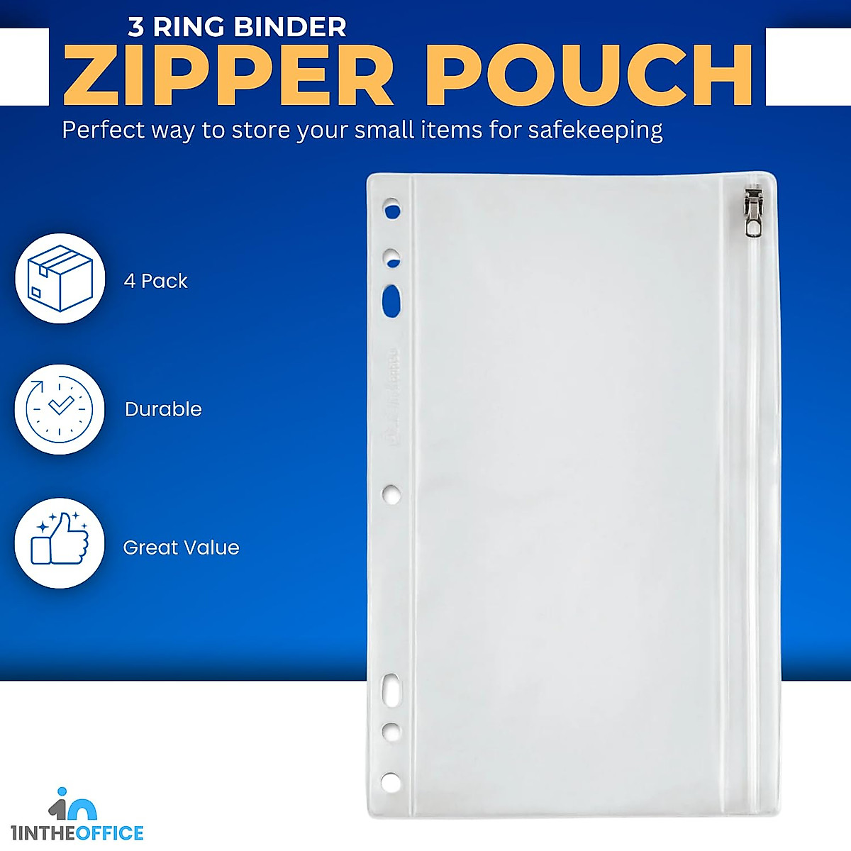 1InTheOffice Clear Pencil Pouch For 3 Ring Binder, Ring Binder Pockets with Zipper, Vinyl, 4 Pack
