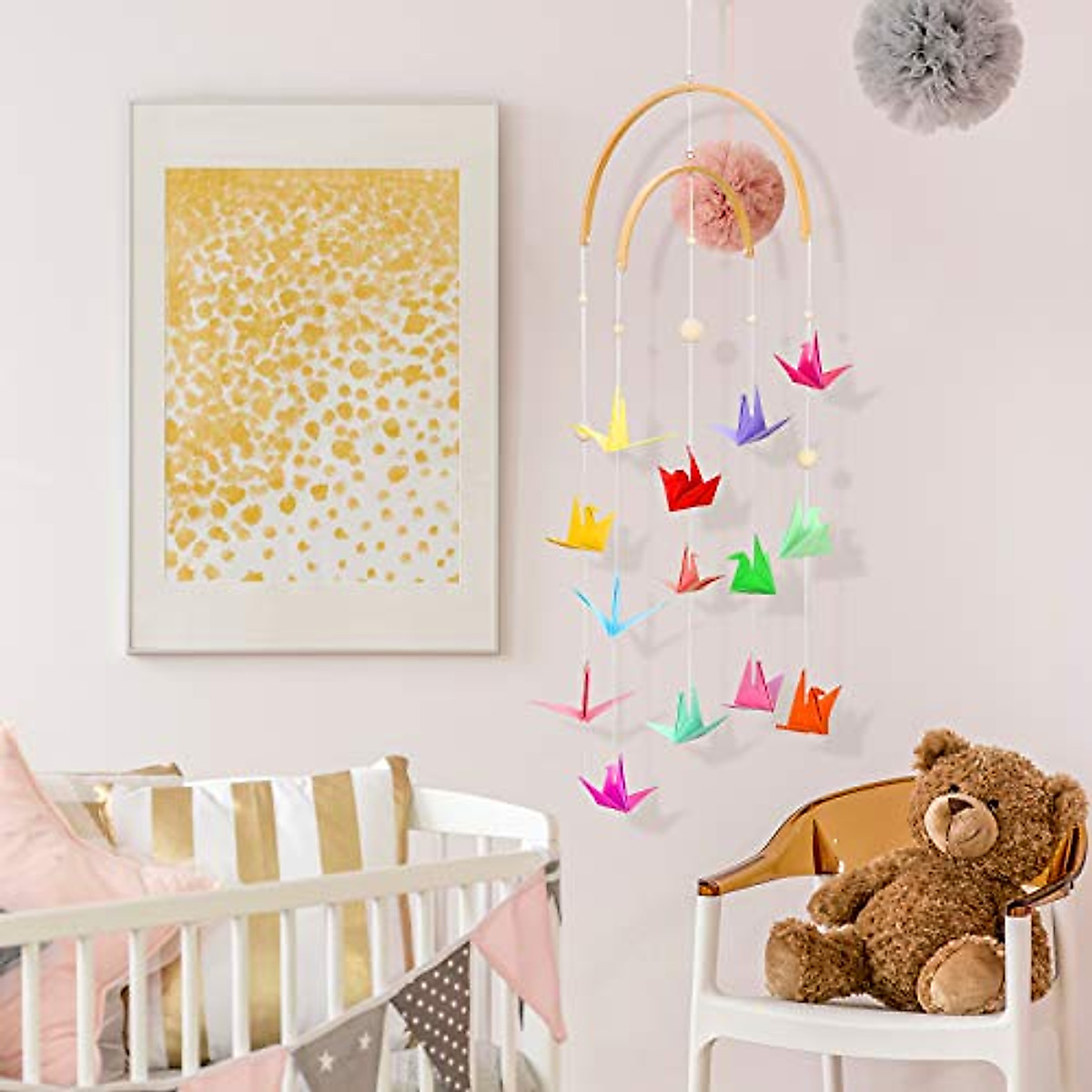 Nursery Mobile Crib Bed Bell Ceiling Wooden Wind Chime Hanging DIY Wooden Frame Ornaments Handmade Kit for Infant Toys Nursing Accessories Nurse Charms (Semi-Circular)