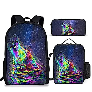 Roftidzo Wolf 3 Piece Backpack Set with Lunch Bag Pencil Case for Boys Girls, High Capacity Bookbag with Lunch Box Pen Box for Man Women Workplace Travel