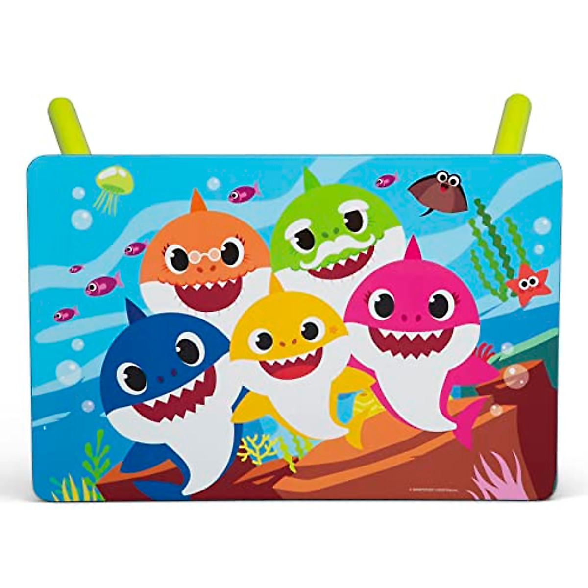 Baby Shark 5-Piece Toddler Bedroom Set by Delta Children - Includes Bed, Table with 2 Chairs and 6 Bin Design and Store Toy Organizer, Blue