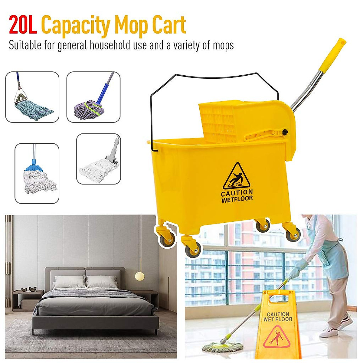 5.28 Gallon Mop Bucket with Wringer, Side Press Combo Commercial Home Cleaning Cart with 4 Wheels Yellow Color for Restaurant Home Cleaning