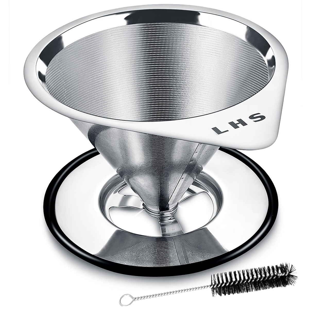 Pour Over Coffee Dripper Stainless Steel LHS Slow Drip Coffee Filter Metal Cone Paperless Reusable Single Cup Coffee Maker 1-2 Cup With Non-slip Cup Stand and Cleaning Brush