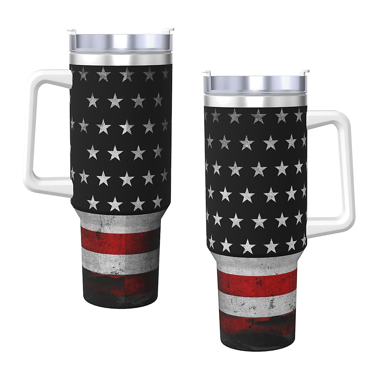 deaokluy 40 OZ American Flag Ice Bully Cup with Handle Straw Lid, Double Wall Stainless Steel Tumbler Travel Coffee Cup, Retro Insulation and Cooling Cup for Christmas Birthday Present