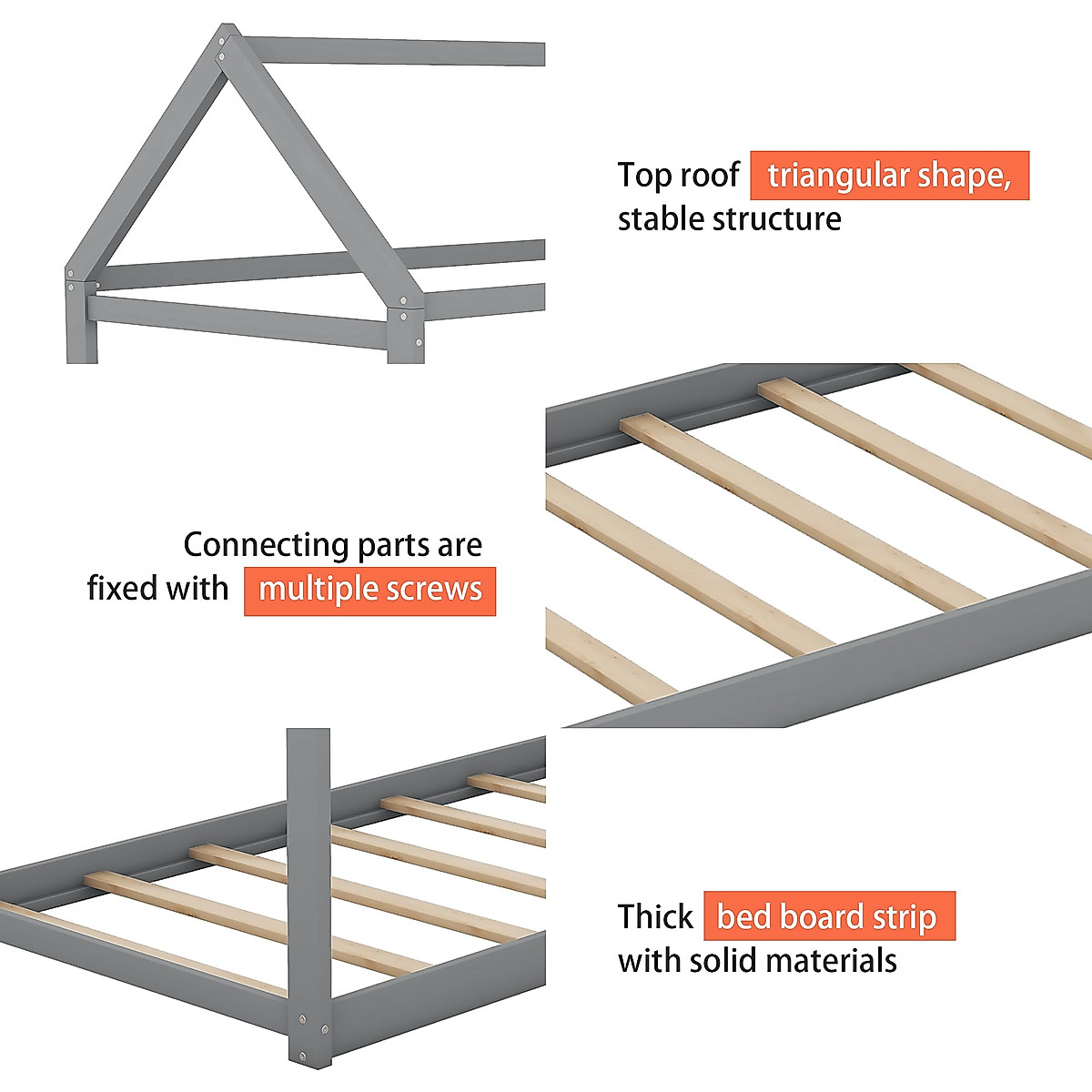 Merax Wood House Bed,Floor Bed with Wood Slats,No Box Spring Needed,Twin Size, Grey