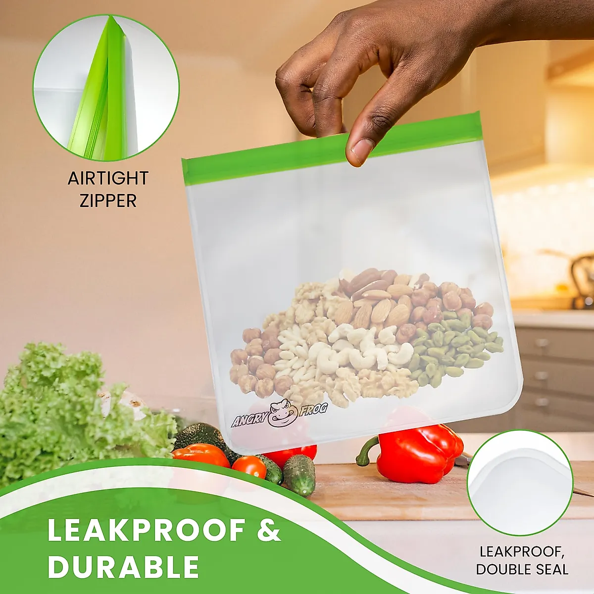 Angry Frog Reusable Silicone Ziplock Bags | Leakproof, Ziptie, Airtight, Freezer Bags | Keep Fruit, Snacks, Sandwich Fresh & Safe | BPA Free, Reusable Silicone Bags for Food Storage, 6 PCS