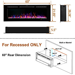 Dreamflame 60 inch Electric Fireplace, in Wall Fireplace Electric Heater,Remote & Touch Screen,Logs/Crystal Options, Thermostat,Overheating Protection, 0-9H Timer