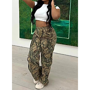 Vakkest Womens Army Fatigue Cargo Pants Casual Wide Leg Casual Pants Combat Military Trouser Baggy with Pockets Clubwear Y2K