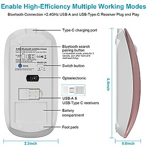 Bluetooth Wireless Mouse for MacBook Air Mac Pro Laptop Computer iPad Pad PC Optical Rechargeable Silent Mouse with Dual Mode Switch Mouse Bluetooth 5.2/3.0 and 2.4GHz USB Type-C Receiver (White)