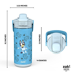 zak! Beacon Insulated Bottle, Bluey - 14 oz - Durable Stainless Steel - Double-Wall Vacuum Insulation, Silicone Spout & Push-Button, Leak-Proof Lid - Dishwasher Safe