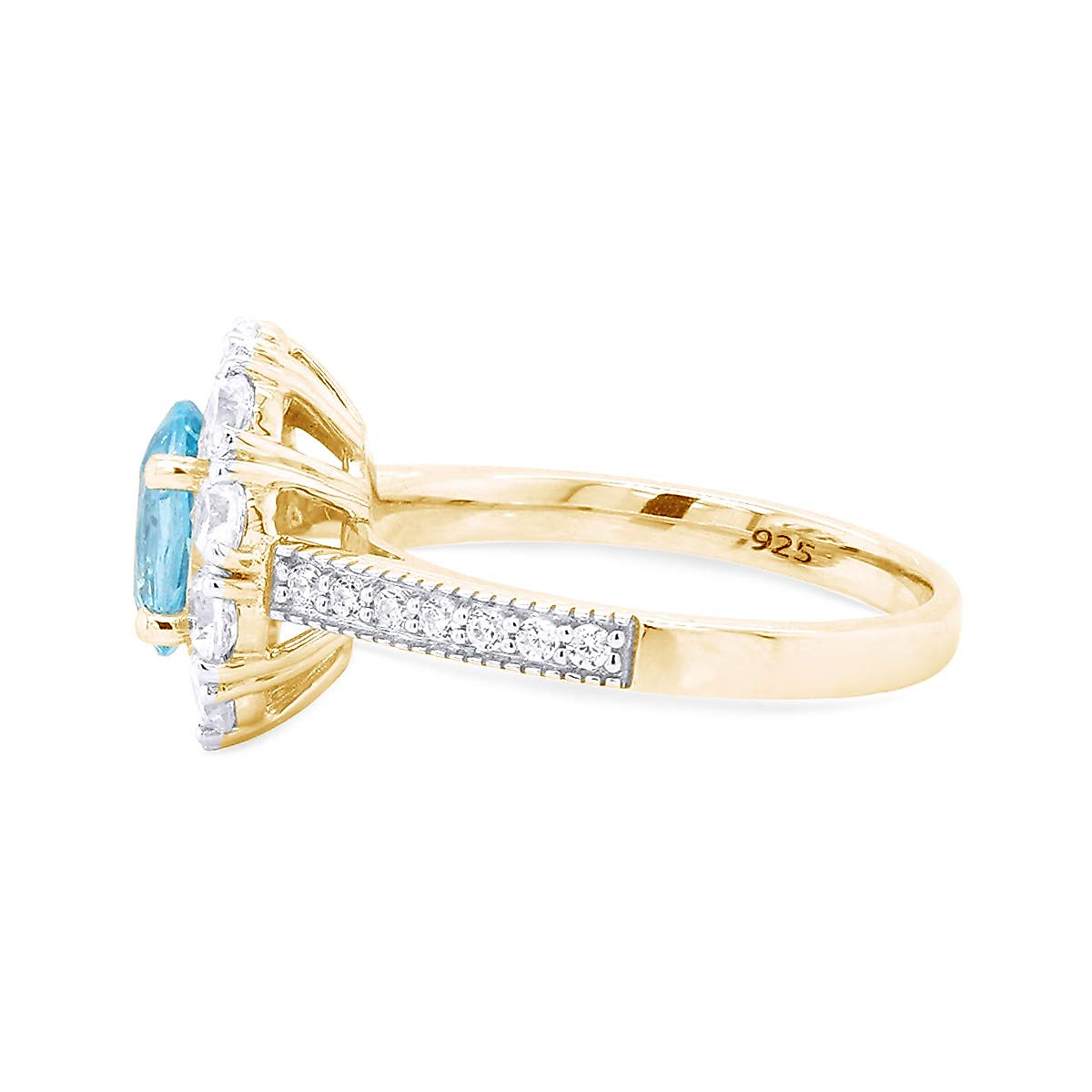 GEMVIO Collection 3 1/2 CT Cluster Halo Design, 6X8MM Oval Blue Topaz & Cubic Zirconia Ring 14k Yellow Gold Over Sterling Silver Engagement Wedding Promise Ring For Womens (3.50Cttw) Ring Size-7.5