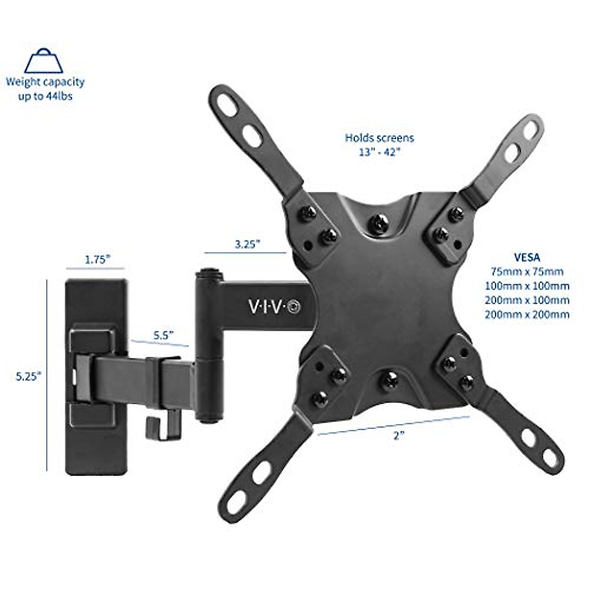 VIVO Full Motion TV Wall Mount for 13 to 42 inch Flat Plasma Screens, VESA Bracket Stand with Tilt and Swivel, Black, MOUNT-VW06