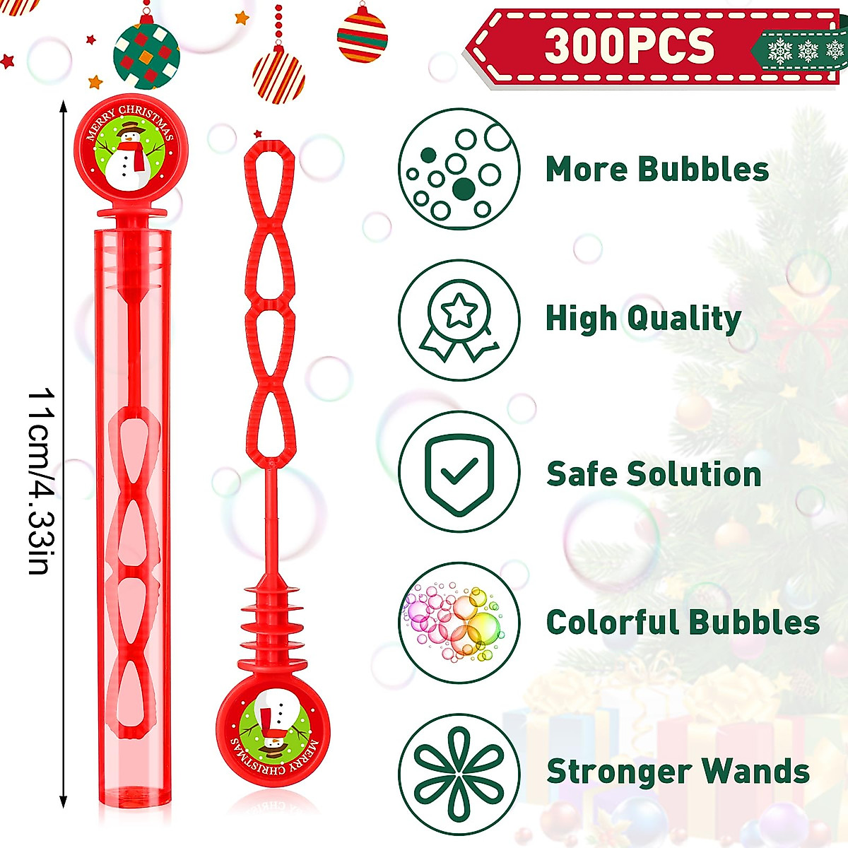Hiboom 300 Pieces Christmas Bubble Wands Mini Bubble Wands Bulk Christmas Bubbles Party Favors for Boys Girls Adults Christmas Party Favors Classroom Prizes Stocking Stuffers, No Bubble Liquid