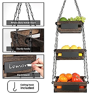 J JACKCUBE DESIGN 3-Tier Rustic Wood Hanging Fruit Basket, Kitchen Fruit, Vegetable Storage Organizer, Countertop Space Saver- Heavy Duty Metal Hooks- MK1008A