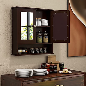 RELAX4LIFE Wall Bathroom Cabinet with Mirror - Wood Over The Toilet Storage Cabinet Space Saver w/2 Doors, Adjustable Shelf & Open Compartment, Modern Wall Mount Medicine Cabinet (Brown)