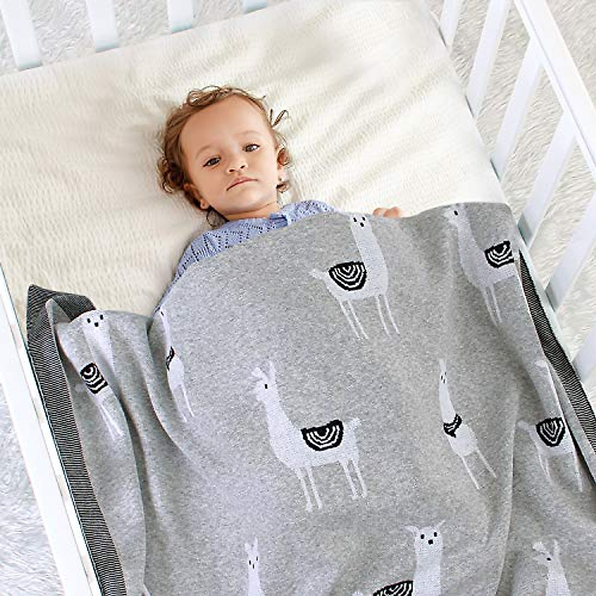 mimixiong 100% Cotton Knitted Baby Blanket Toddler Swaddling Blanket for Newborn Baby with Cute Penguin Pattern Size 30 x 40 inches (Grey-Alpaca, 40x30Inch)