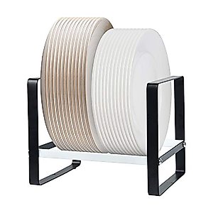 Akamino Large Plate Holders Organizer, Metal Dish Storage Dying Display Rack for Kitchen Cabinet Countertop - Non-Slip & Rustproof（White & Black）