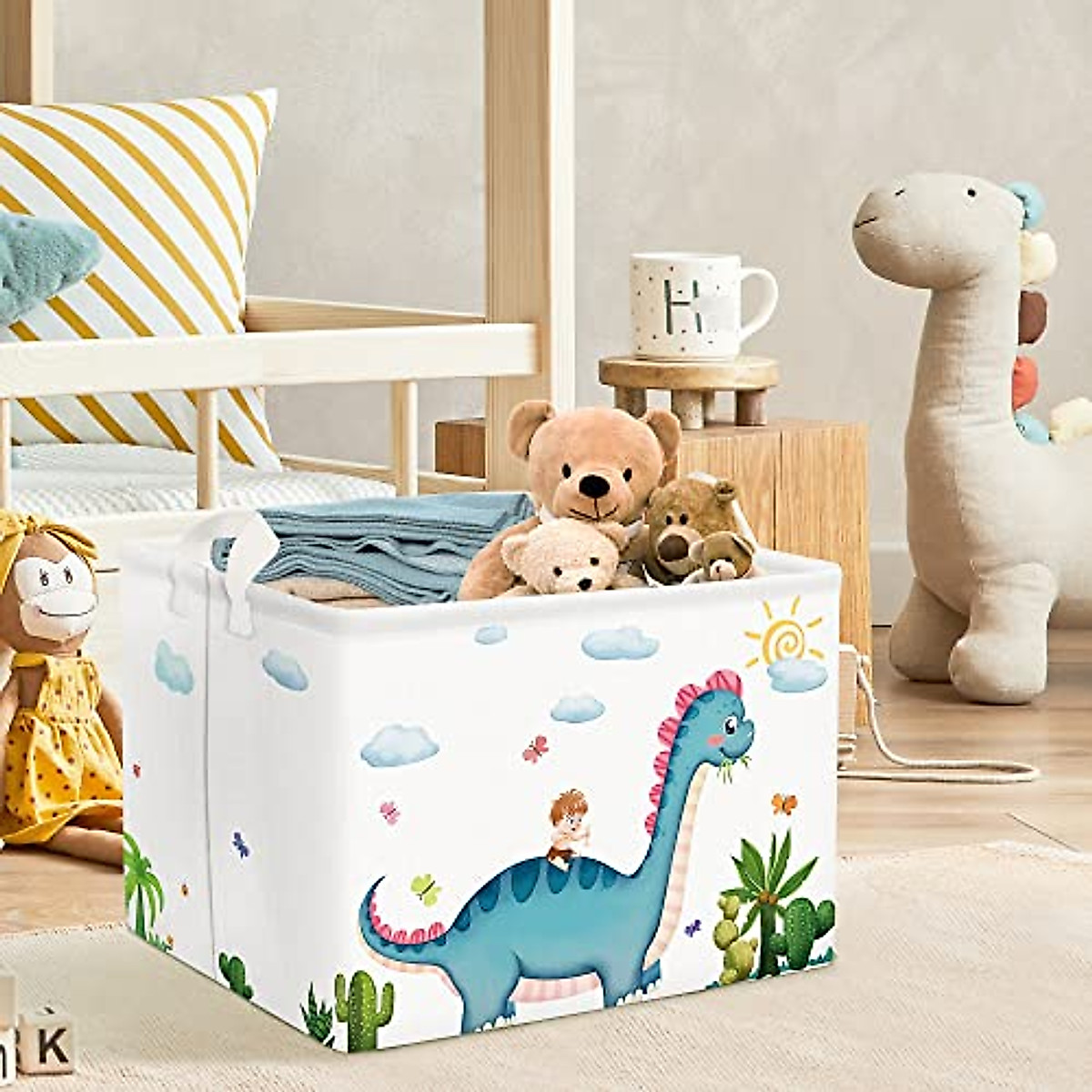 Clastyle Blue Dinosaur Baby Playing Trees Shelf Basket for Kids Room Butterflies Clouds Rectangle Book Toy Clothes Cube Storage Basket, 36L