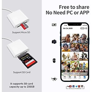 2 in 1 Lightning to SD Card Reader for iPhone, [Apple MFi Certified] Dual Slot Micro SD TF Trail Game Camera Memory Card Reader Adapter, Quickly Transfer Photos Videos Plug and Play
