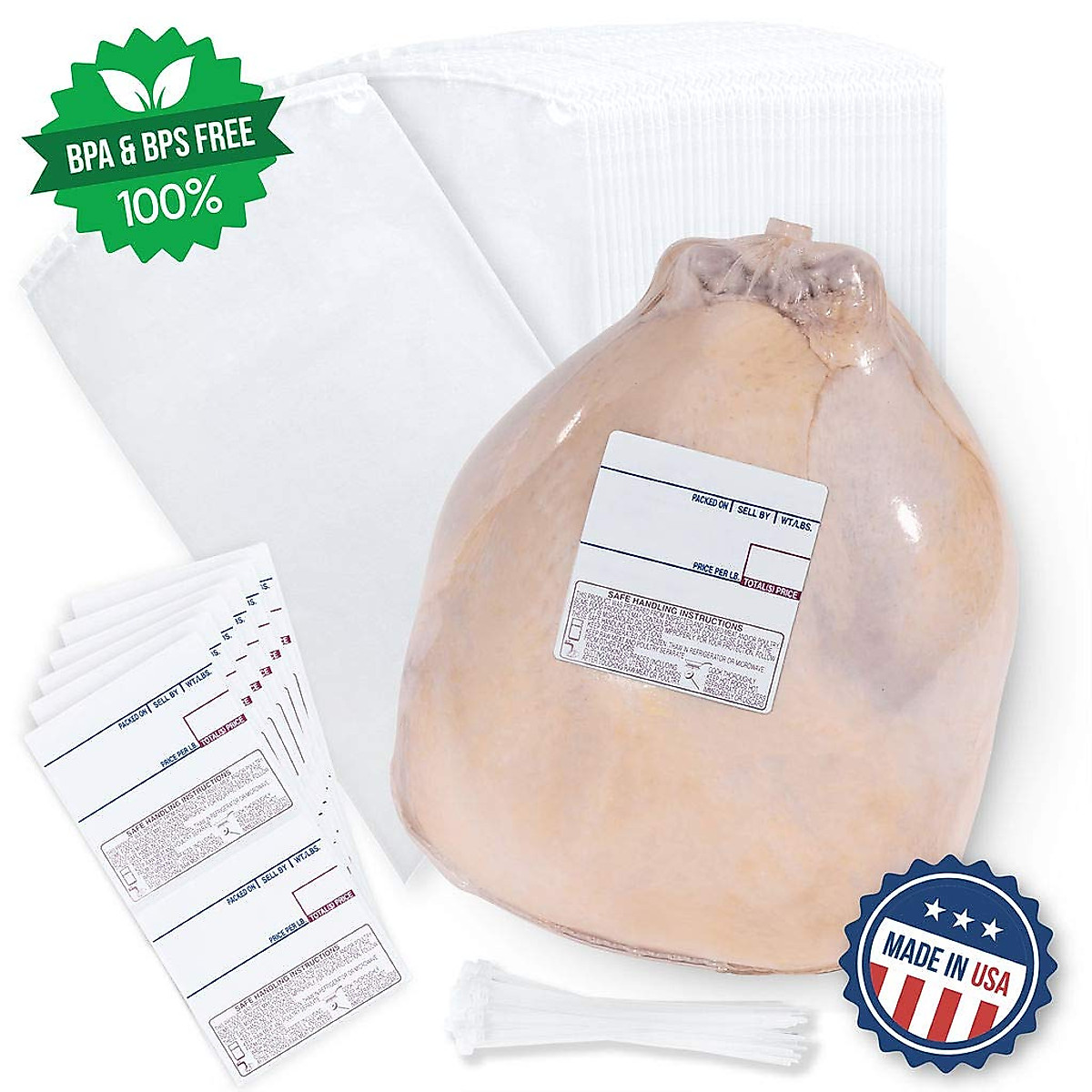 Poultry (Turkey) Shrink Bags 16"x28" Zip Ties and Labels, 3 MIL, BPA/BPS Free, MADE IN USA (25)