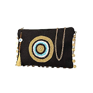 Karens Black-Gold Evil Eye Jute/Burlap Clutch Bag Zipper (w/Chain)