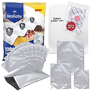 Wallaby 100 Count Mylar Bag Bundle - 5Mil Multi-Size Pouches, 100x 400cc Oxygen Absorbers, 100x Labels - Heat Sealable, Food Safe & BPA-Free - Long-Term Storage for Preppers - Silver (Flat)