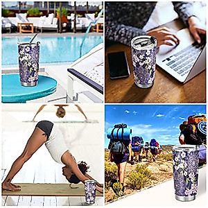 ALAZA Insulated Tumbler Purple Mandala Cherry Flower Stainless Steel Vacuum Coffee Water Tumbler Bottle with Lid and Straw Double Walled Travel Mug 20oz for Hot & Cold Drinks