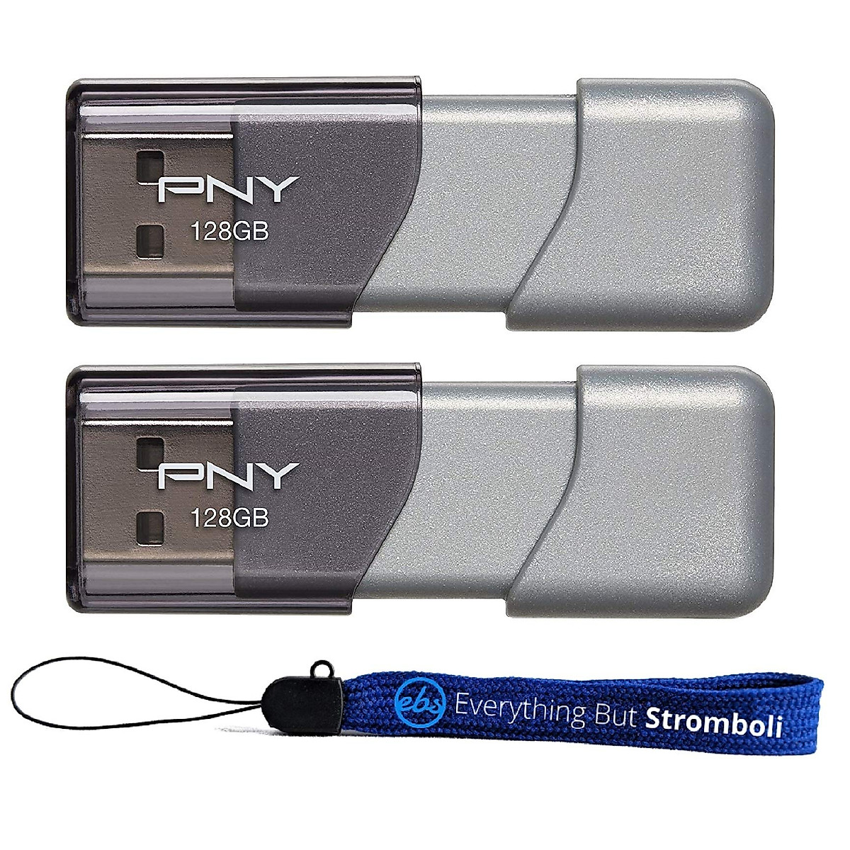PNY USB 3.0 Flash Drive Elite Turbo Attache 3 Two Pack Bundle with (1) Everything But Stromboli Lanyard (2 Pack) 128GB, Gray