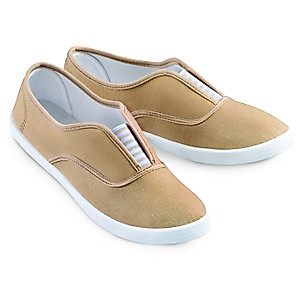 Collections Etc Slip-On Sneaker Shoes with Padded Insoles and Stripe Accent, Cotton, Tan, 8