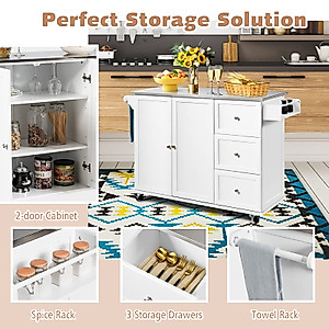 COSTWAY Kitchen Island cart on Wheels, Mobile Serving Cart w/Stainless Steel Countertop, 3 Drawers, 2-Door Cabinet, Adjustable Shelves, Towel Holder & Spice Rack, Utility Trolley on Wheels, White