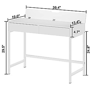 Treocho Computer Desk, Modern Simple 40 inch White Desk with 2 Drawers, Vanity Desk, Makeup Table for Home Office, Bedroom