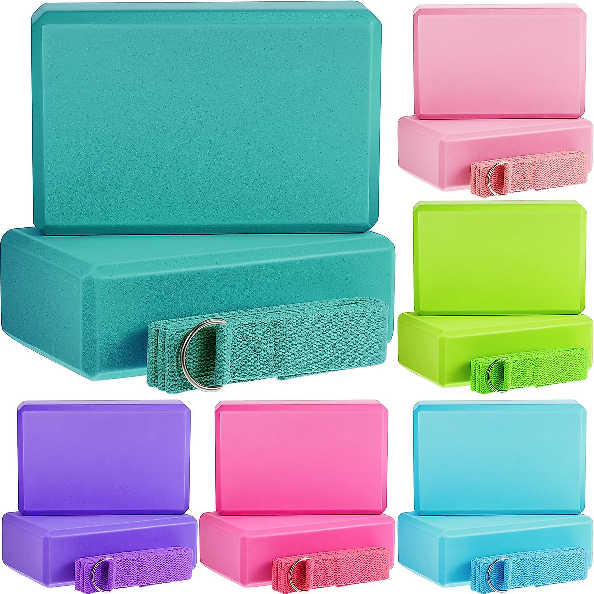 18 Pcs Yoga Block and Yoga Strap Set EVA Foam Yoga Blocks 9 x 6 x 3 Inches Non Slip Yoga Brick 8 ft Yoga Straps for Stretching D Ring Strap for Yoga Pilates Fitness Workout Exercise (Multicolor)