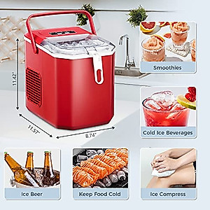 Antarctic Star Countertop Ice Maker, S/L Bullet Ice, 28lbs/Day, 9 Ice Cubes in 6 Mins, Portable Ice Machine with Ice Scoop and Handle, Self-Cleaning, One-Click Operation, for Kitchen Office Home Red