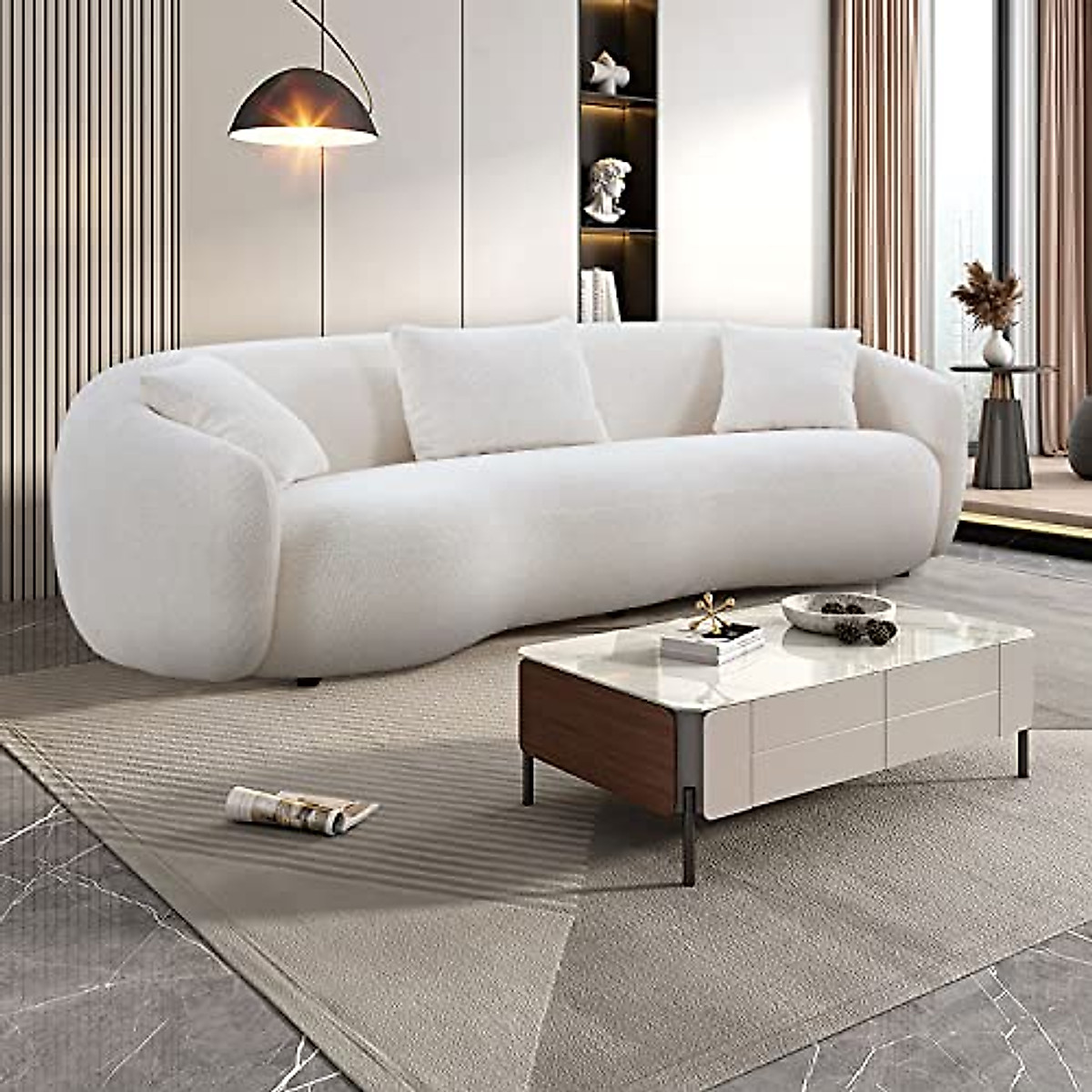 WILLIAMSPACE 94" Modern Curved Sofa, Back Upholstered Boucle Couch with 3 Throw Pillows, 3-Seat Boucle Fabric Couch for Living Room, Office, Apartment, Beige