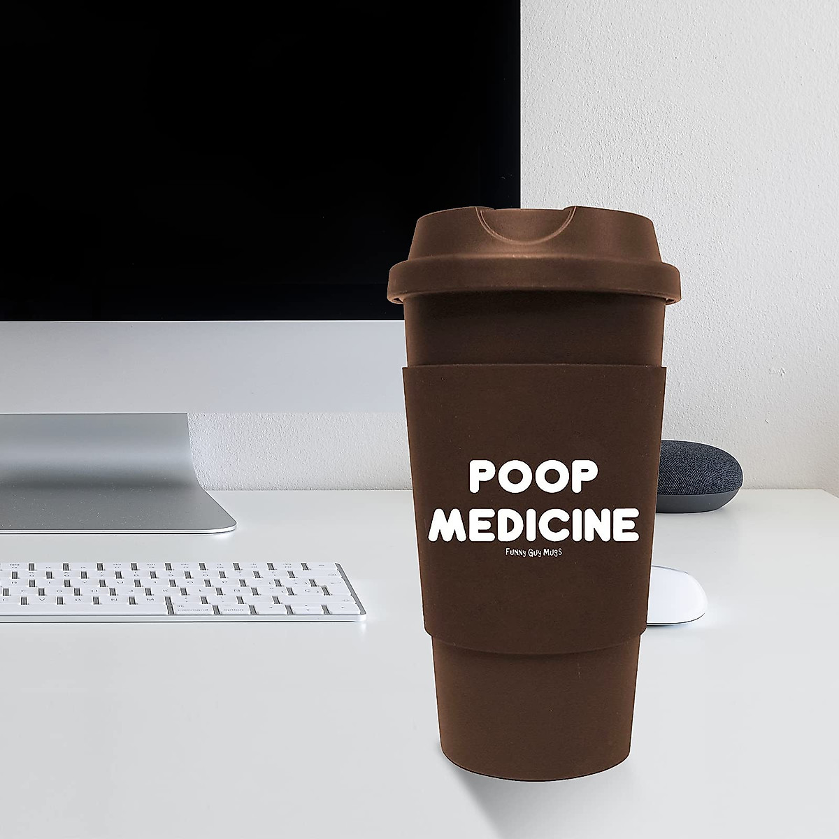 Funny Guy Mugs Poop Medicine Travel Tumbler With Removable Insulated Silicone Sleeve, Brown, 16-Ounce